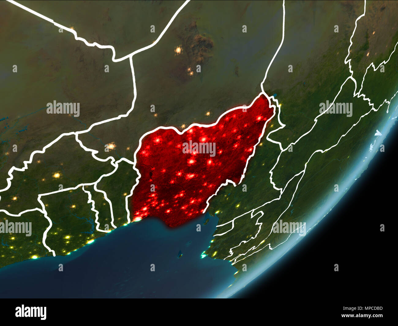 Nigeria as seen from Earth’s orbit on planet Earth at night highlighted ...