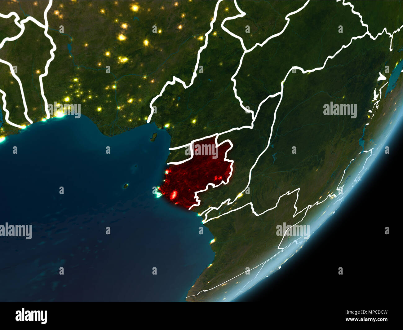Gabon as seen from Earth’s orbit on planet Earth at night highlighted ...