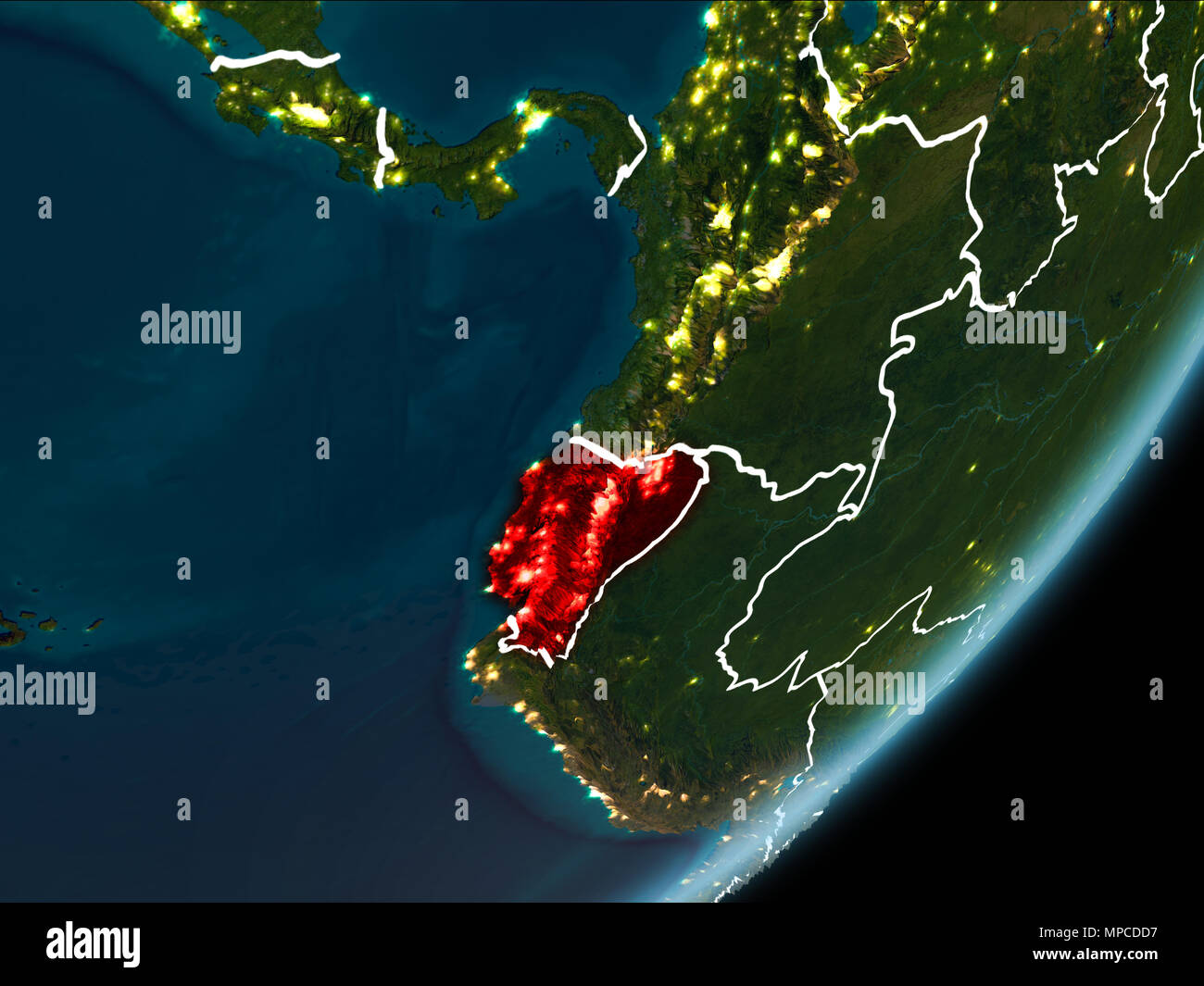 Ecuador as seen from Earth’s orbit on planet Earth at night highlighted in red with visible ...