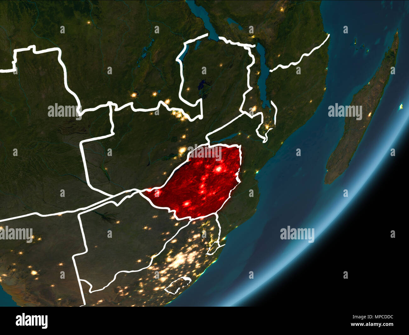 Zimbabwe as seen from Earth’s orbit on planet Earth at night highlighted in red with visible ...