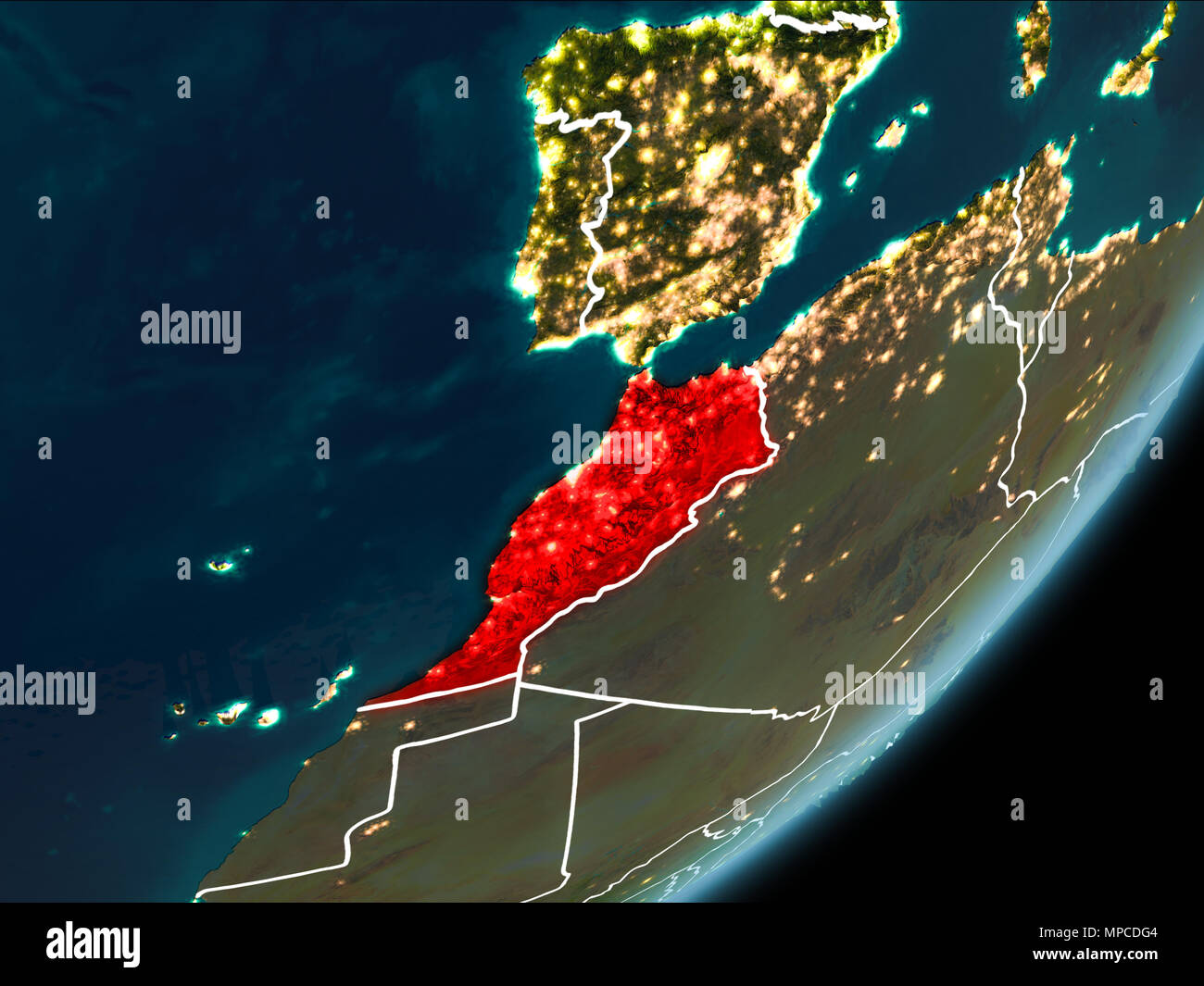 Morocco as seen from Earth’s orbit on planet Earth at night highlighted ...