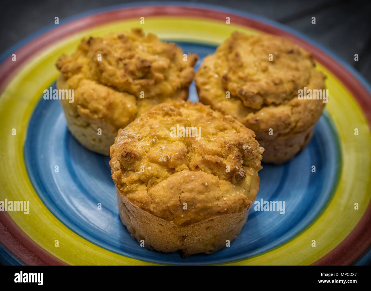 Three Pieces of Cornbread on a Colorful Plate Stock Photo - Alamy
