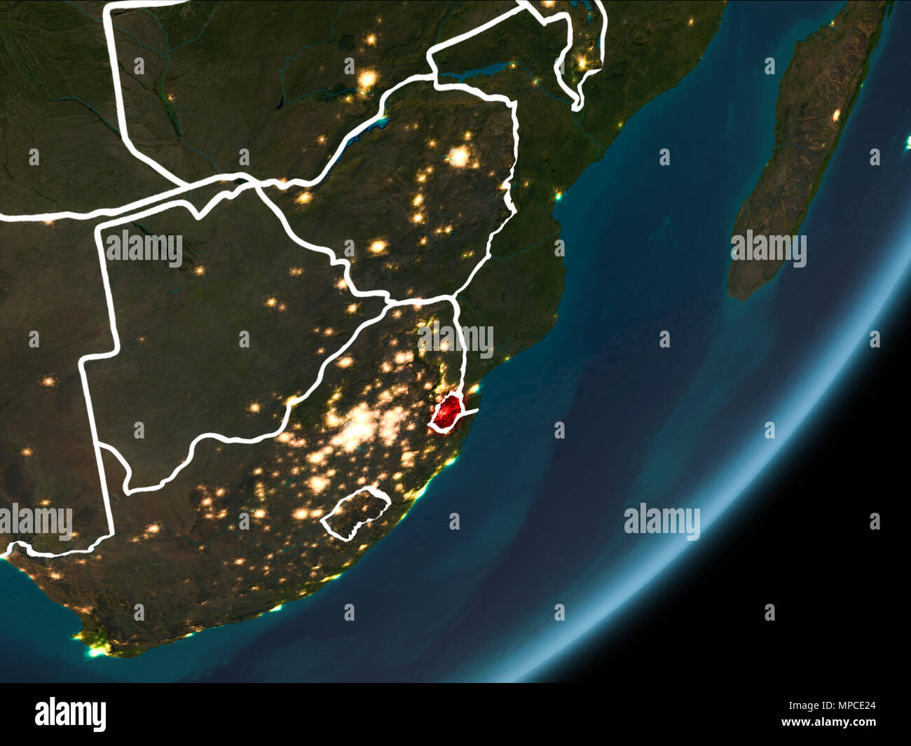 Swaziland as seen from Earth’s orbit on planet Earth at night highlighted in red with visible ...