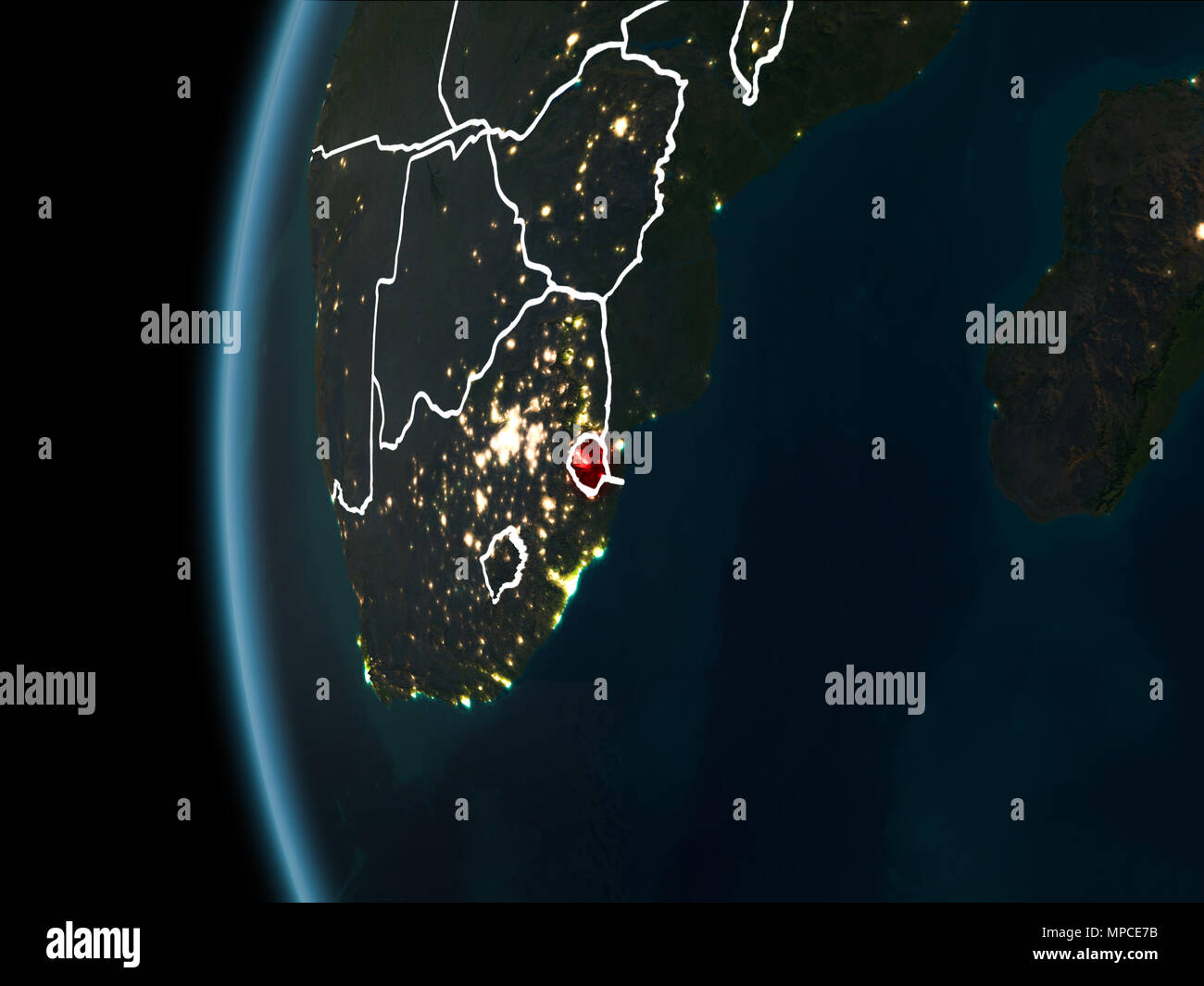 Orbit view of Swaziland highlighted in red with visible borderlines and city lights on planet ...
