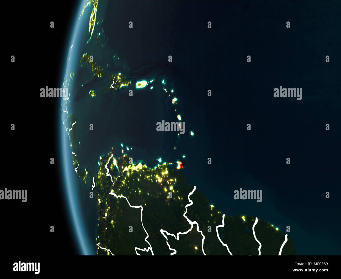 Orbit view of Caribbean highlighted in red with visible borderlines and city lights on planet ...