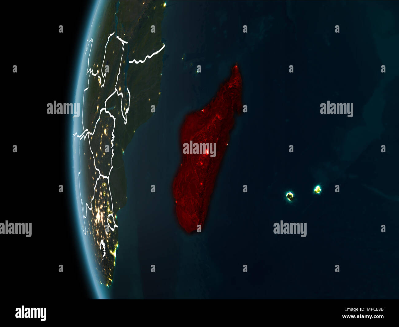 Orbit view of Madagascar highlighted in red with visible borderlines and city lights on planet ...