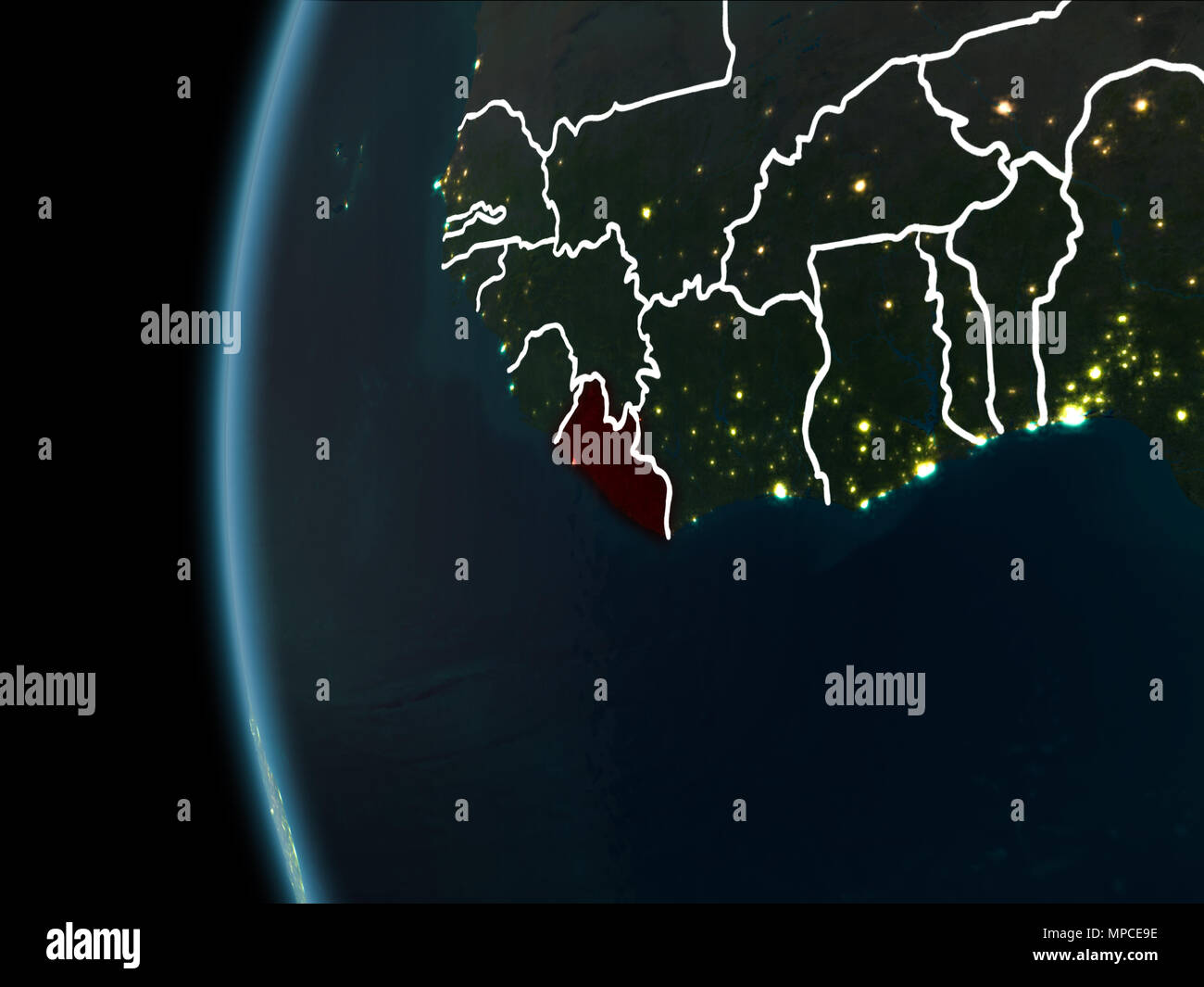 Orbit view of Liberia highlighted in red with visible borderlines and ...