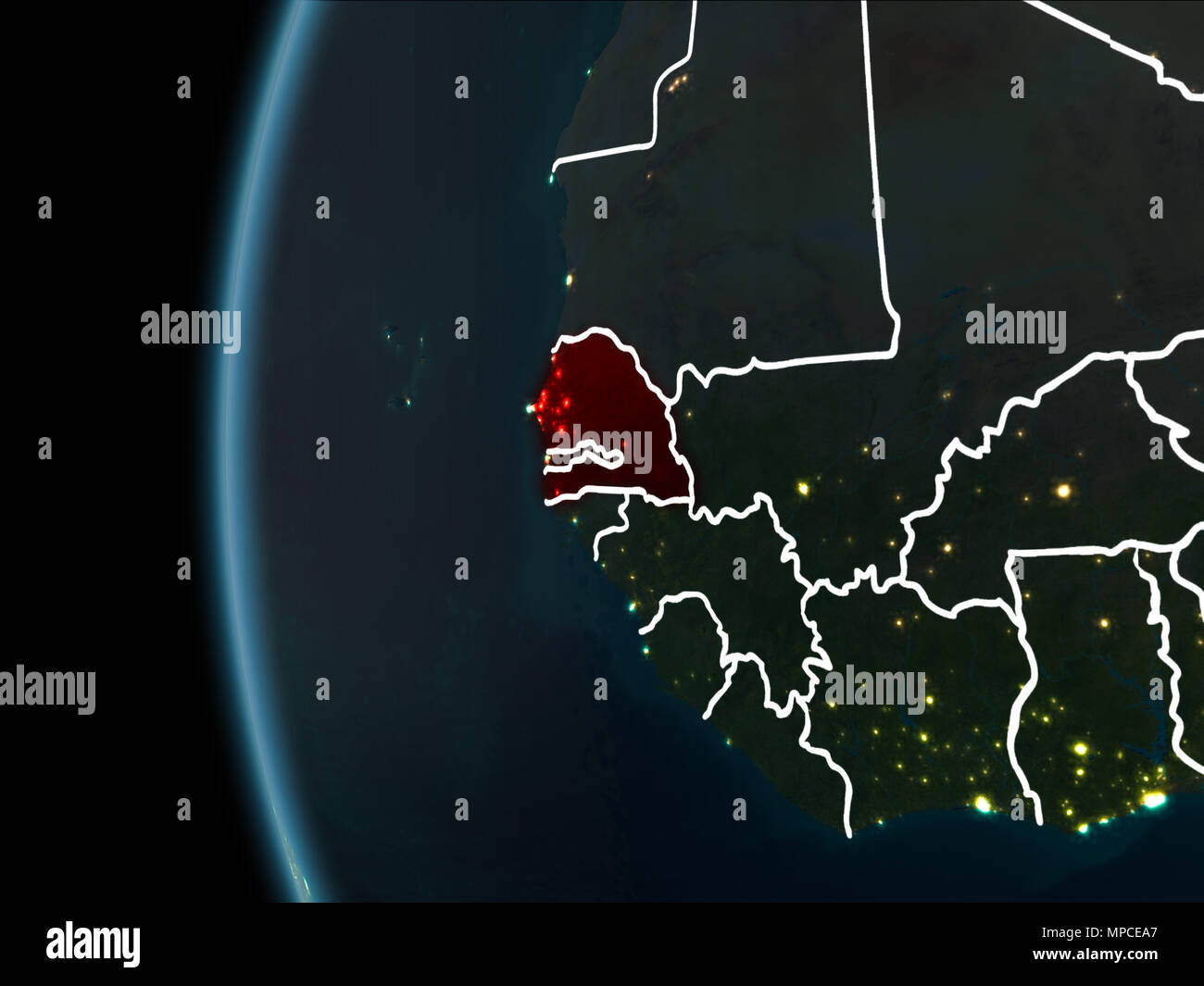 Orbit view of Senegal highlighted in red with visible borderlines and city lights on planet ...