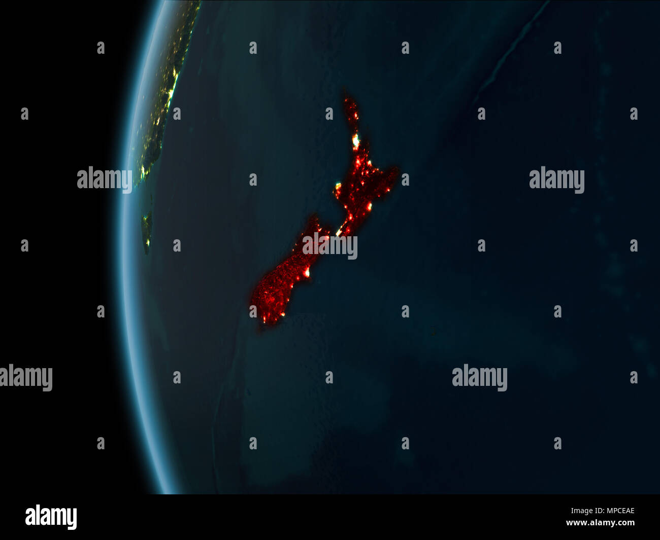 Orbit view of New Zealand highlighted in red with visible borderlines and city lights on planet ...