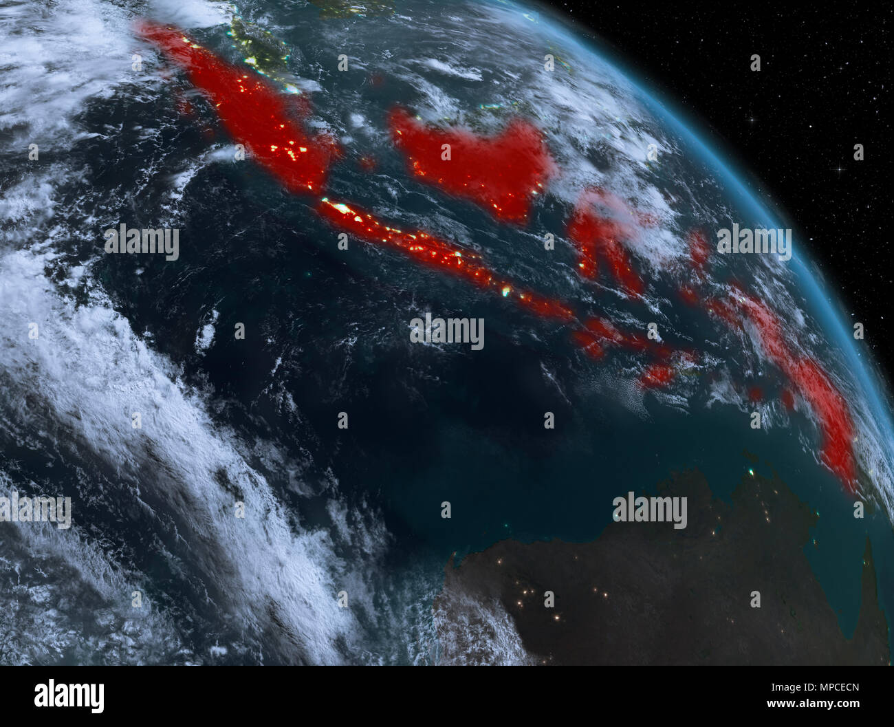 Night above Indonesia highlighted in red on model of planet Earth in ...