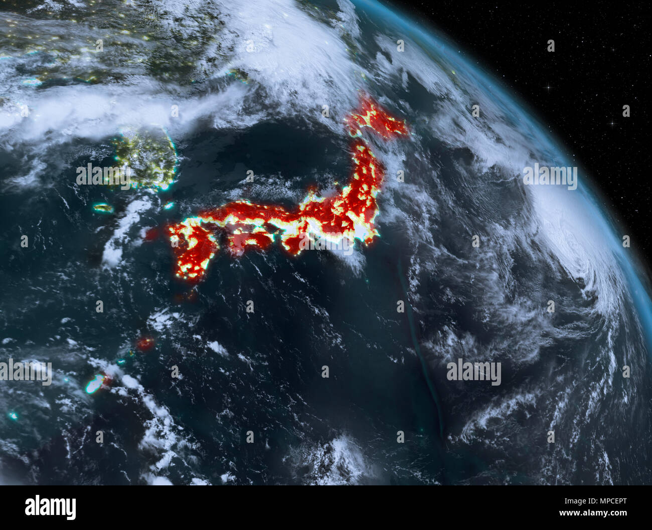 Night above Japan highlighted in red on model of planet Earth in space ...