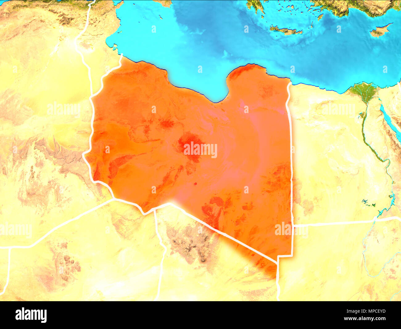 Libya highlighted in red from Earth’s orbit. 3D illustration. Elements ...