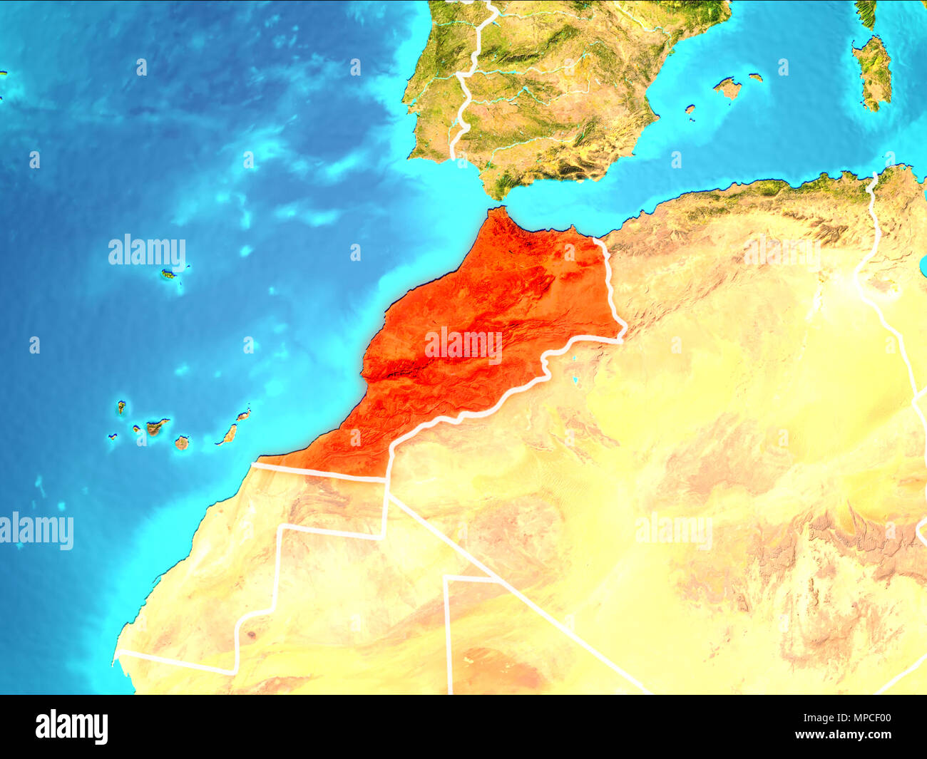 Morocco highlighted in red from Earth’s orbit. 3D illustration ...