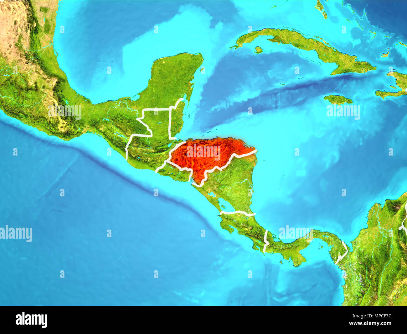 Honduras highlighted in red from Earth’s orbit. 3D illustration ...