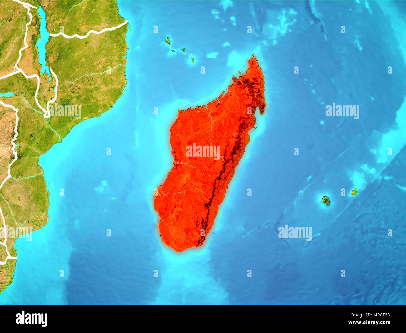 Madagascar highlighted in red from Earth’s orbit. 3D illustration ...