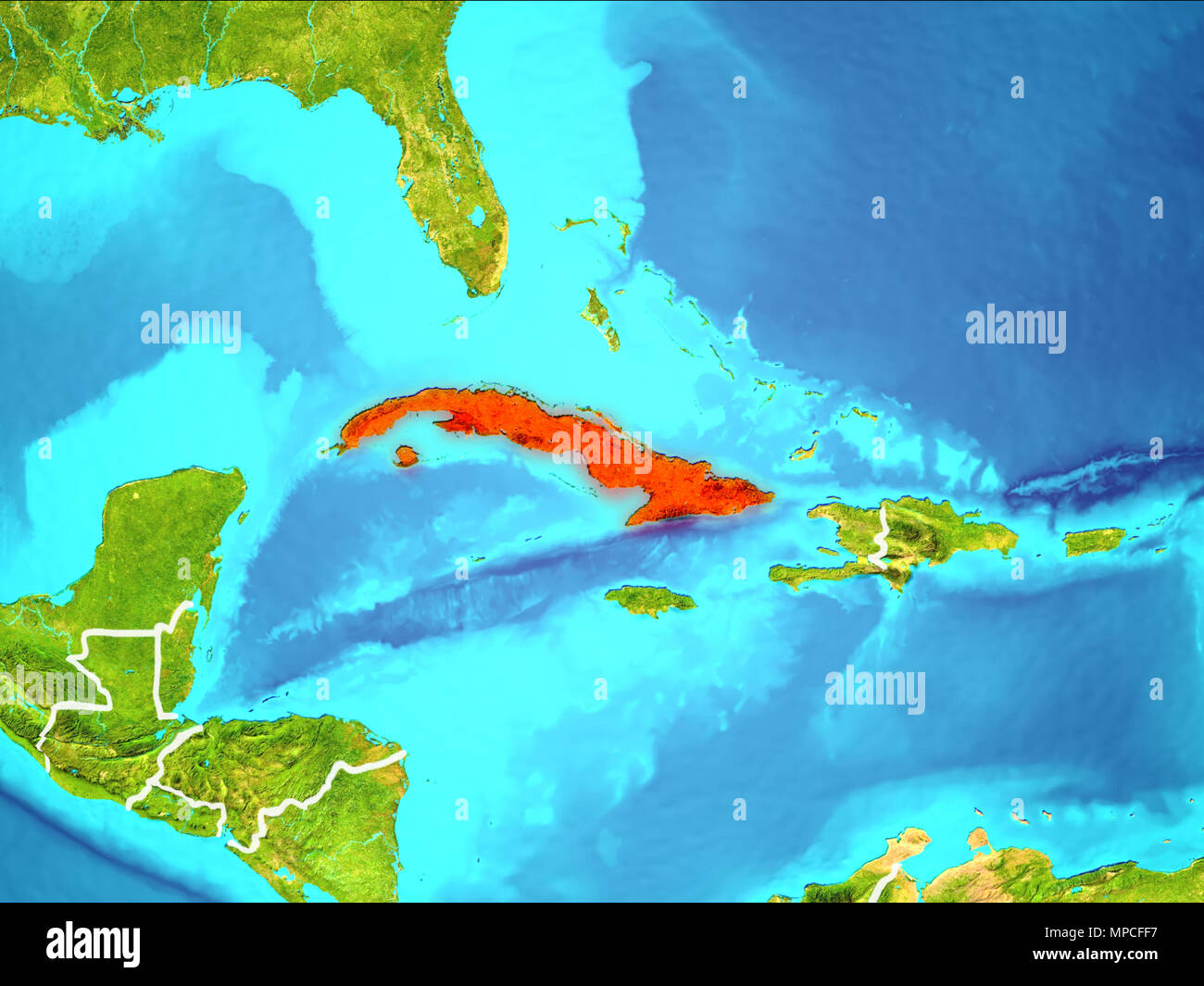 Cuba highlighted in red from Earth’s orbit. 3D illustration. Elements ...