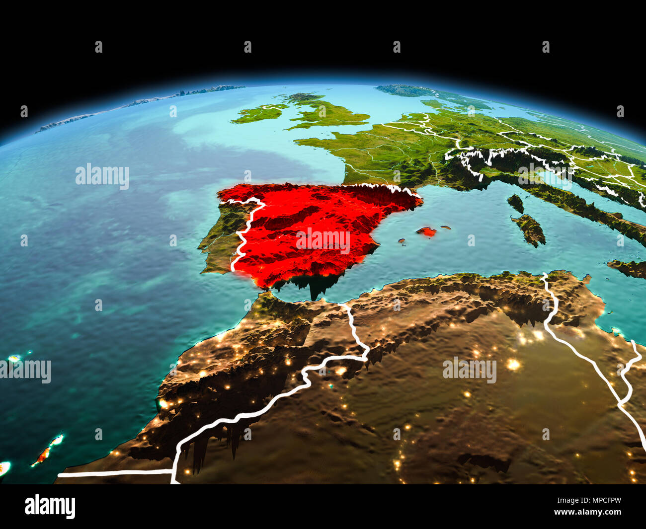Morning above Spain highlighted in red on model of planet Earth in ...