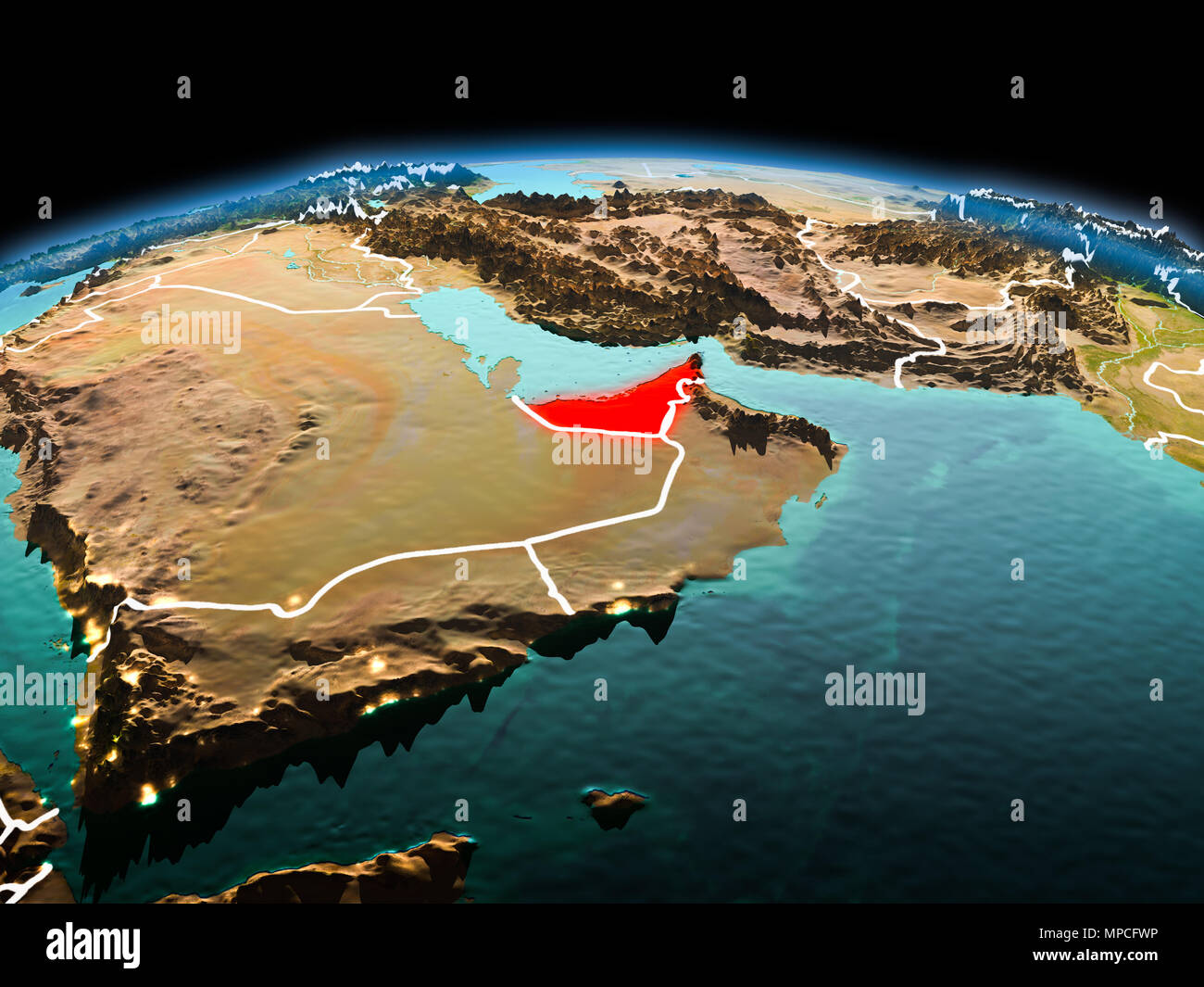 Morning above United Arab Emirates highlighted in red on model of ...