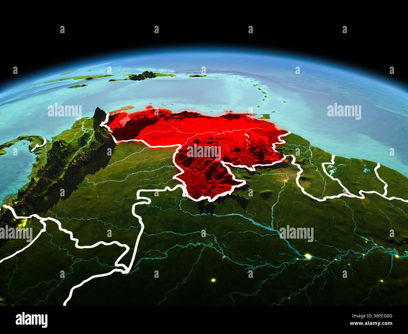 Morning above Venezuela highlighted in red on model of planet Earth in ...
