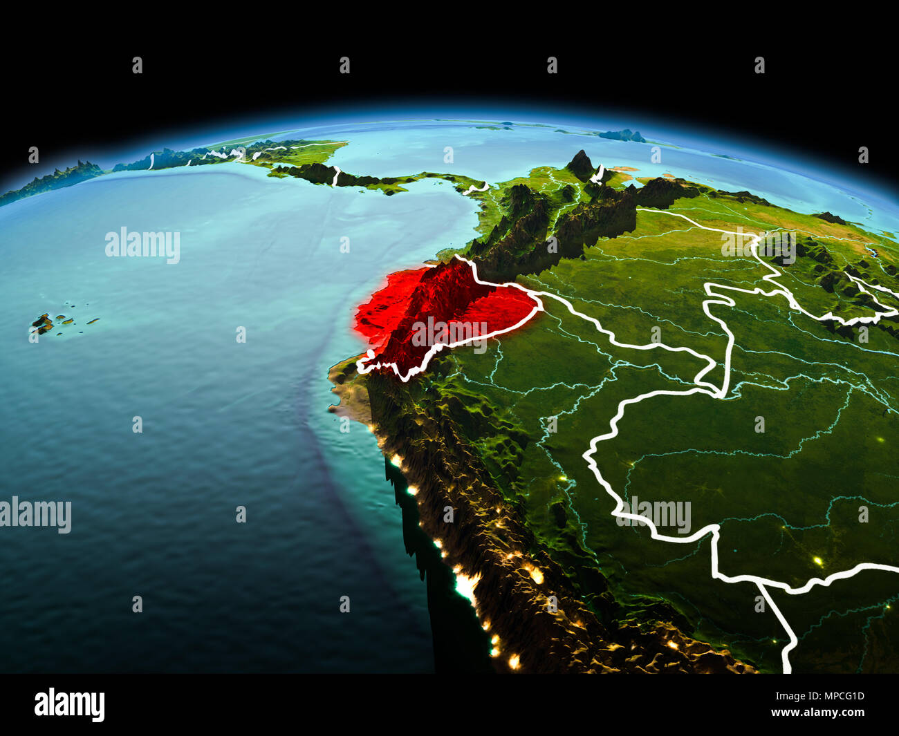 Morning above Ecuador highlighted in red on model of planet Earth in space with visible border ...
