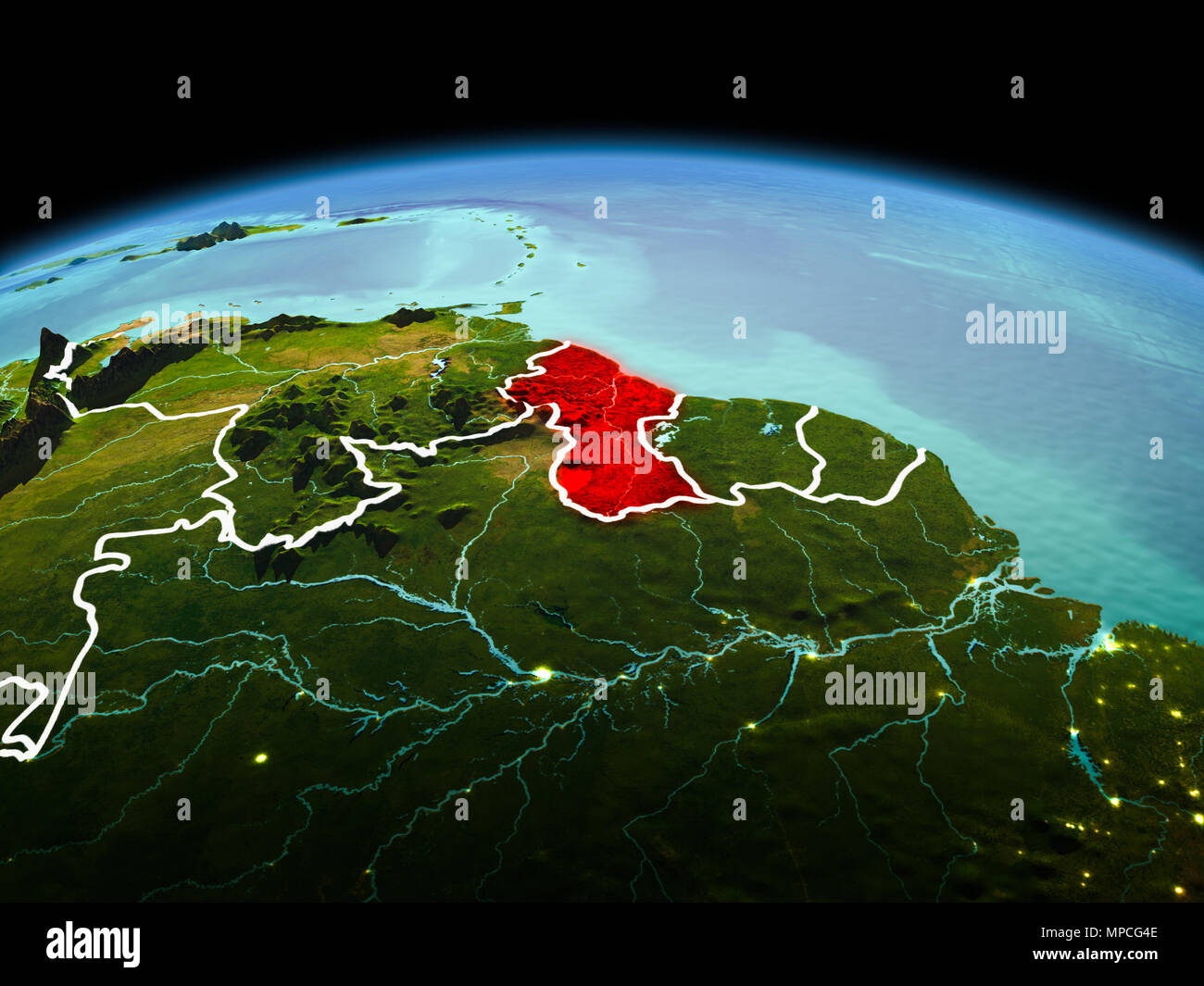 Morning above Guyana highlighted in red on model of planet Earth in ...
