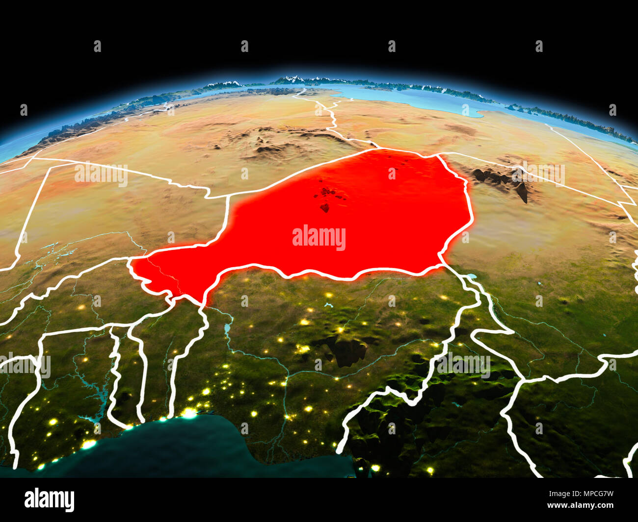 Morning above Niger highlighted in red on model of planet Earth in ...