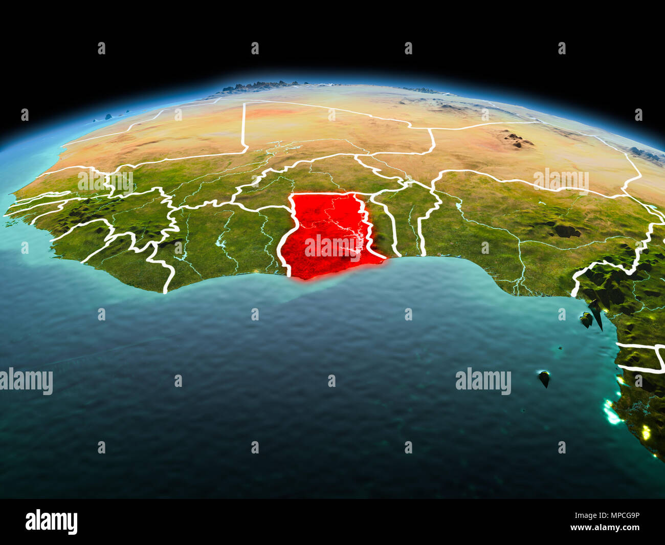 Morning above Ghana highlighted in red on model of planet Earth in ...