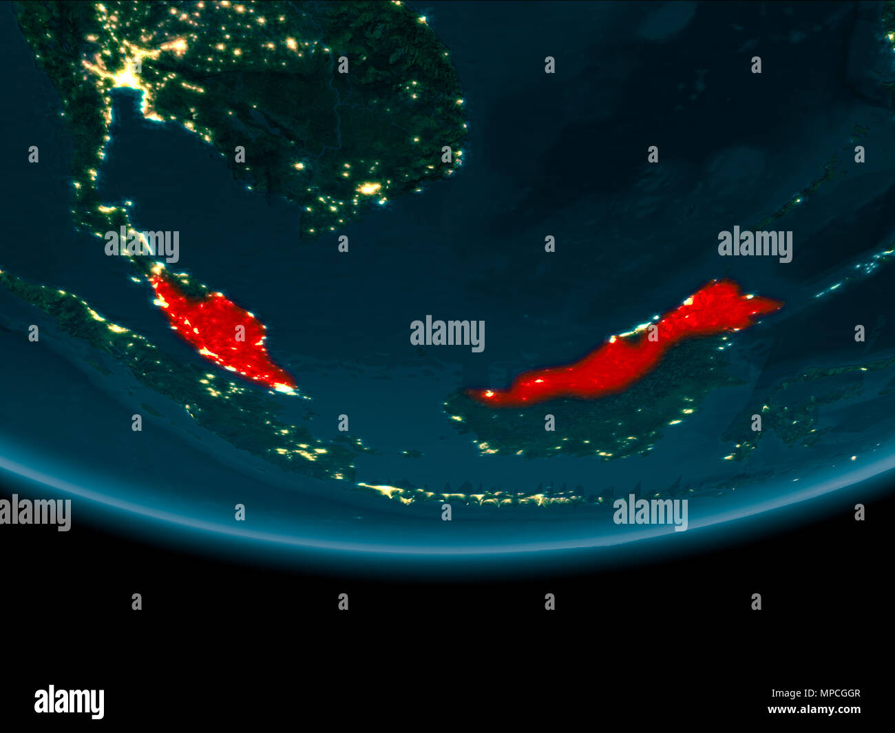 Malaysia at night highlighted in red on planet Earth. 3D illustration ...