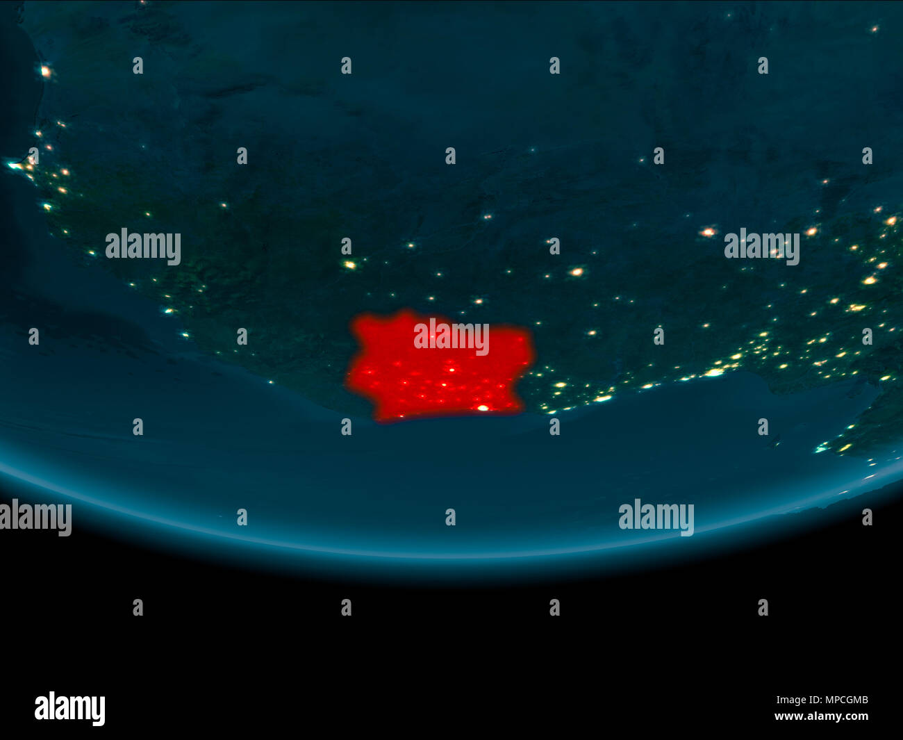 Ivory Coast at night highlighted in red on planet Earth. 3D ...