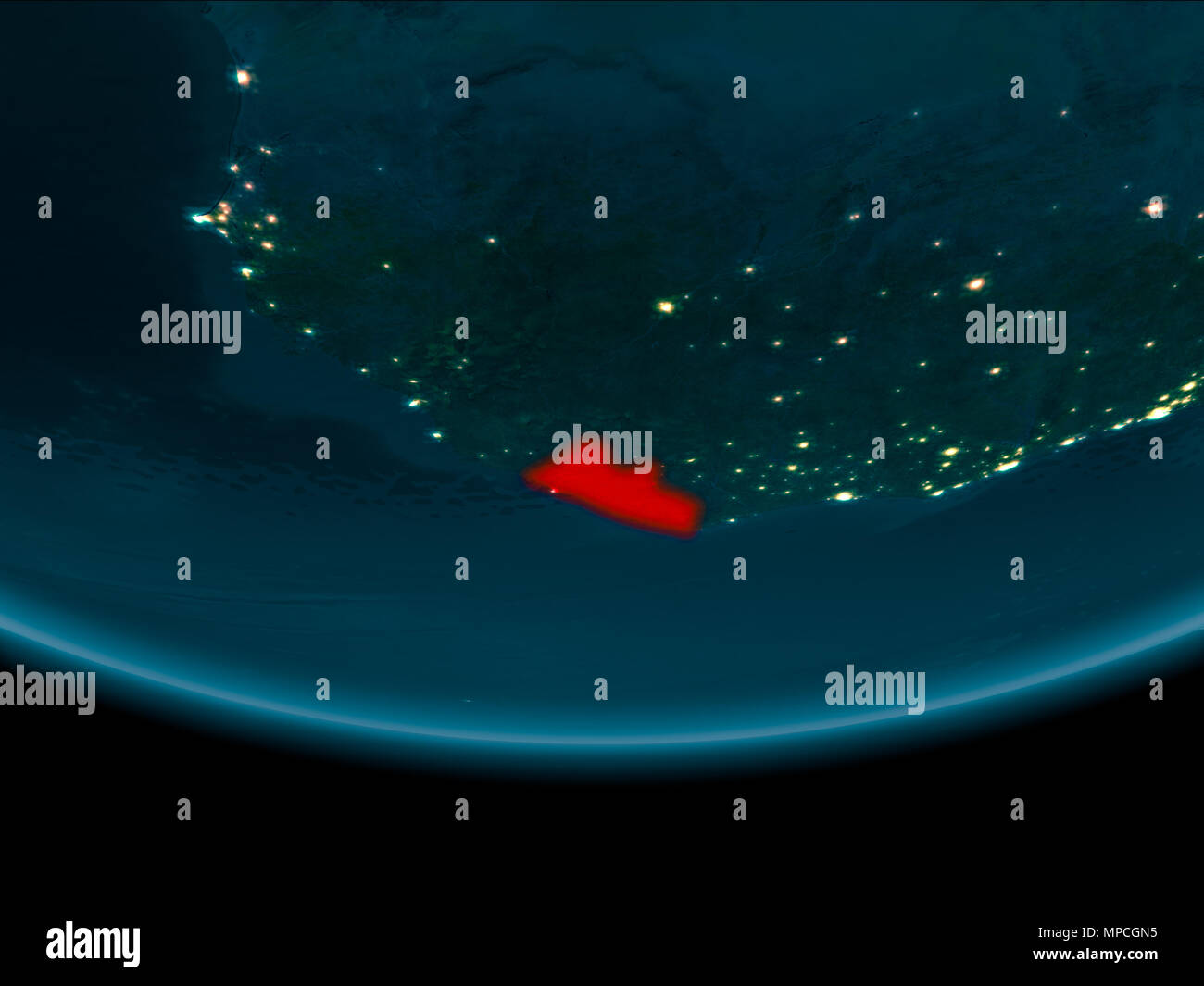 Liberia at night highlighted in red on planet Earth. 3D illustration ...