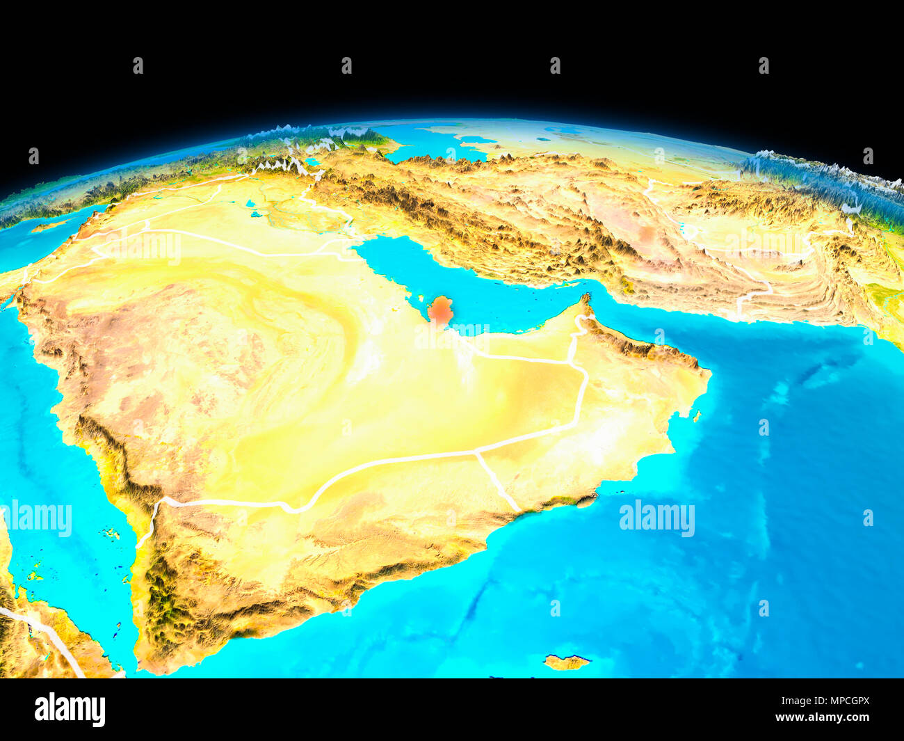 Satellite view of Qatar highlighted in red on planet Earth with ...