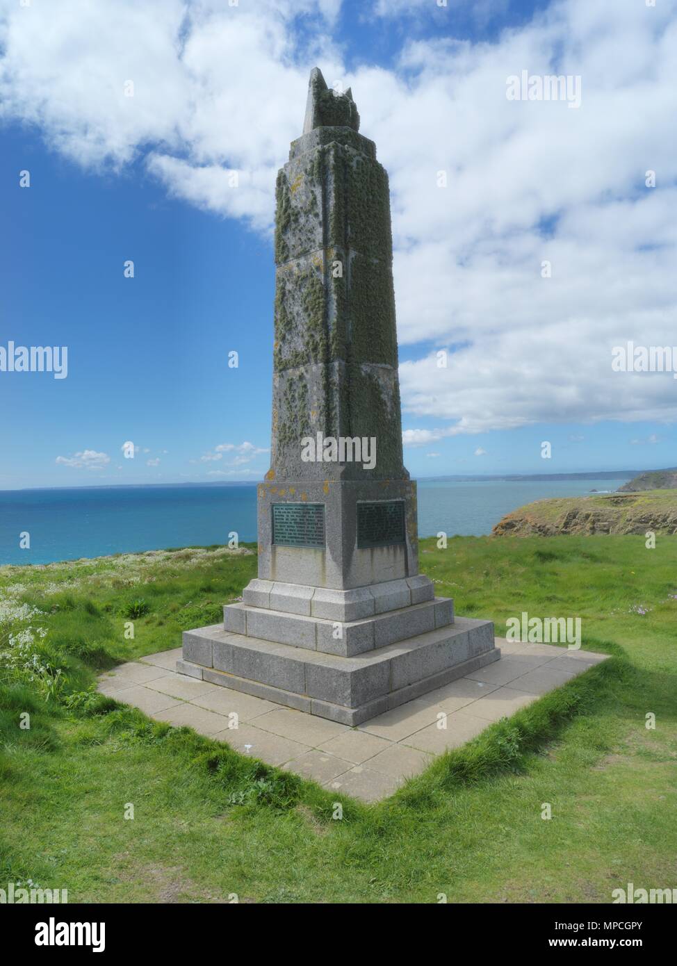The Marconi Monument on the South West Coast path above Poldhu on the ...