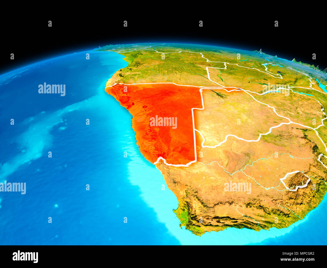 Satellite view of Namibia highlighted in red on planet Earth with borderlines. 3D illustration ...