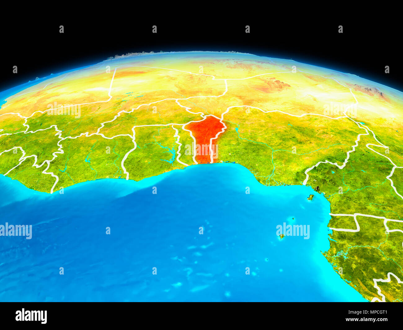 Satellite view of Benin highlighted in red on planet Earth with ...