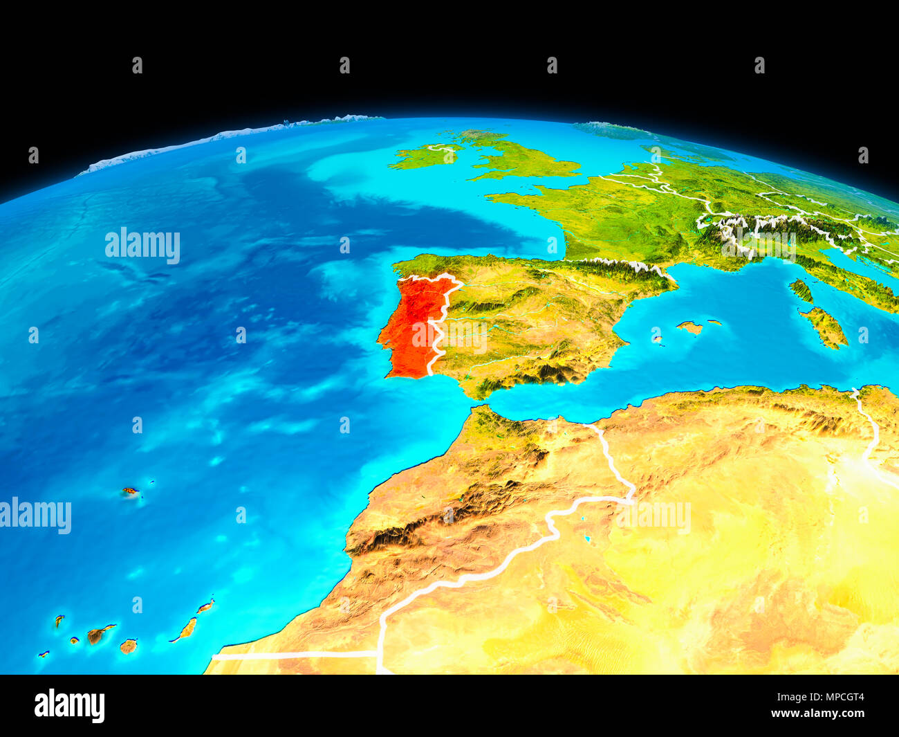 Satellite view of Portugal highlighted in red on planet Earth with ...