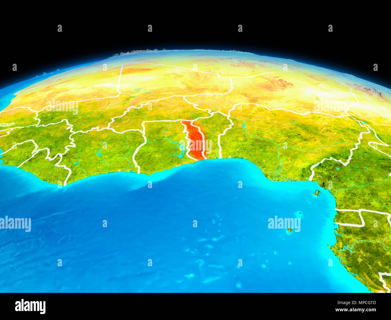 Satellite view of Togo highlighted in red on planet Earth with borderlines. 3D illustration ...