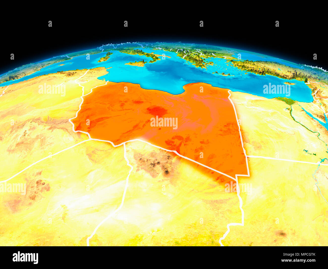 Satellite view of Libya highlighted in red on planet Earth with ...