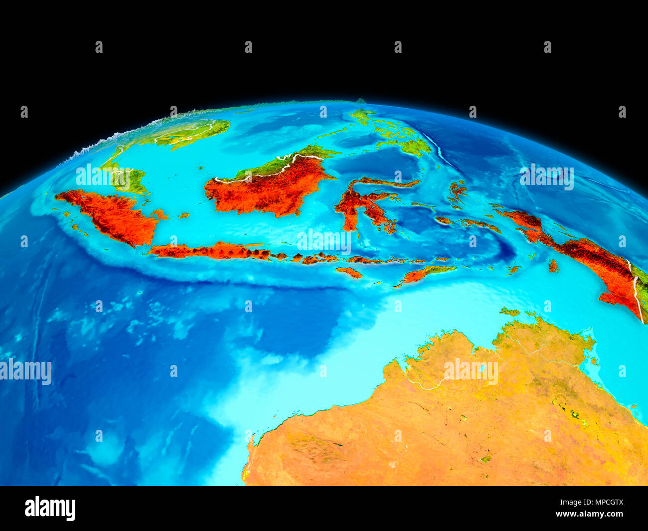 Satellite view of Indonesia highlighted in red on planet Earth with ...