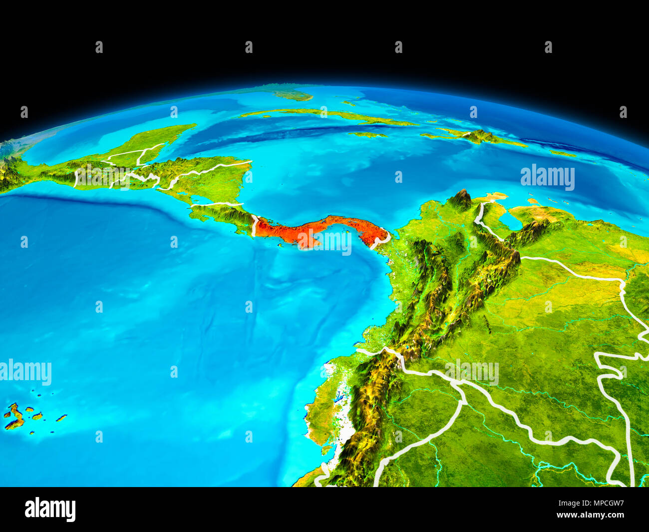 Satellite view of Panama highlighted in red on planet Earth with ...