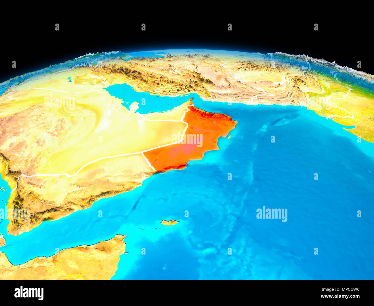 Satellite view of Oman highlighted in red on planet Earth with ...