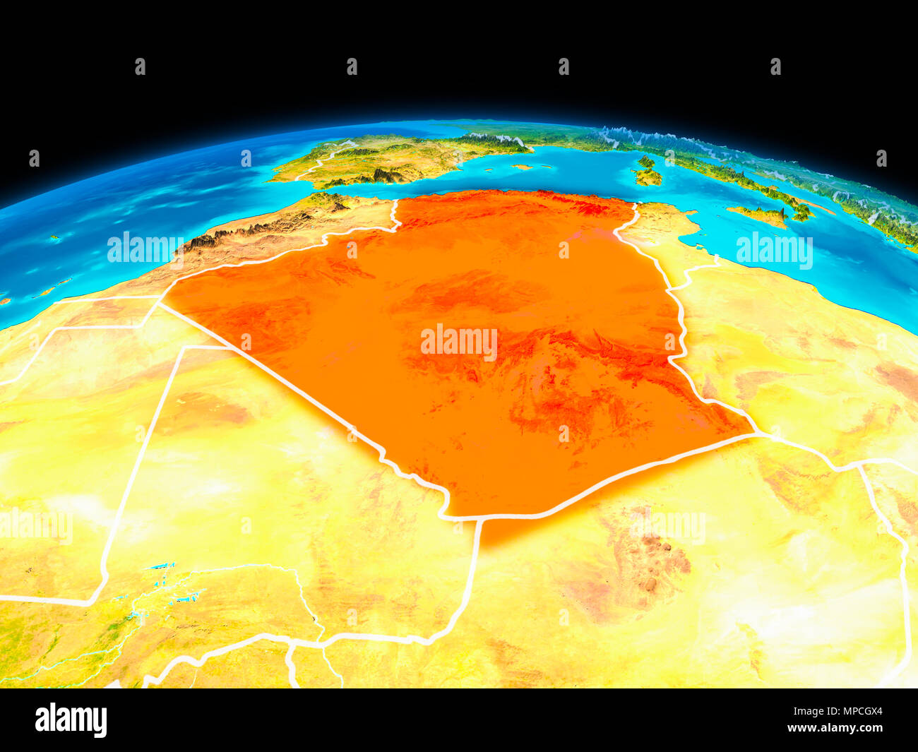 Satellite view of Algeria highlighted in red on planet Earth with ...