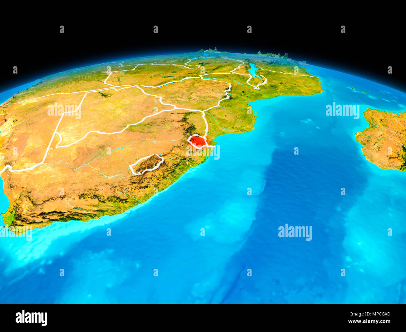 Satellite view of Swaziland highlighted in red on planet Earth with borderlines. 3D illustration ...