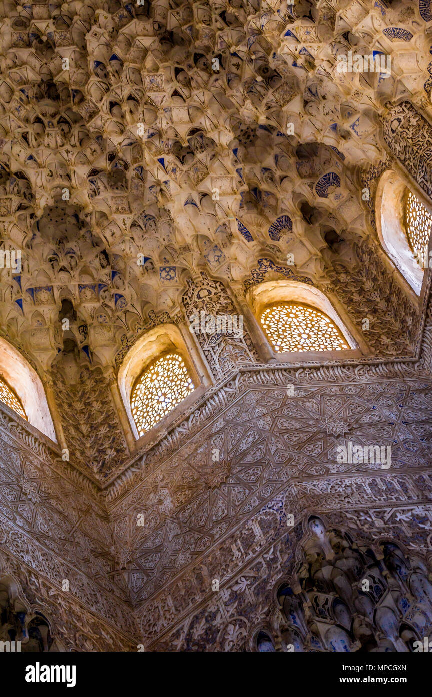 Sculpted and painted ceilings in the Alhambra of Granada in Spain Stock ...