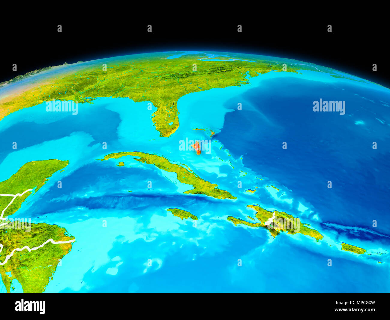 Satellite view of Bahamas highlighted in red on planet Earth with ...