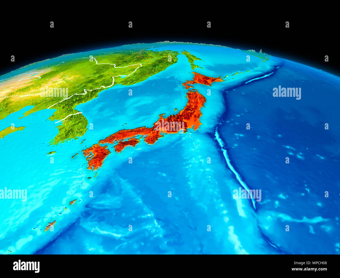 Satellite view of Japan highlighted in red on planet Earth with ...
