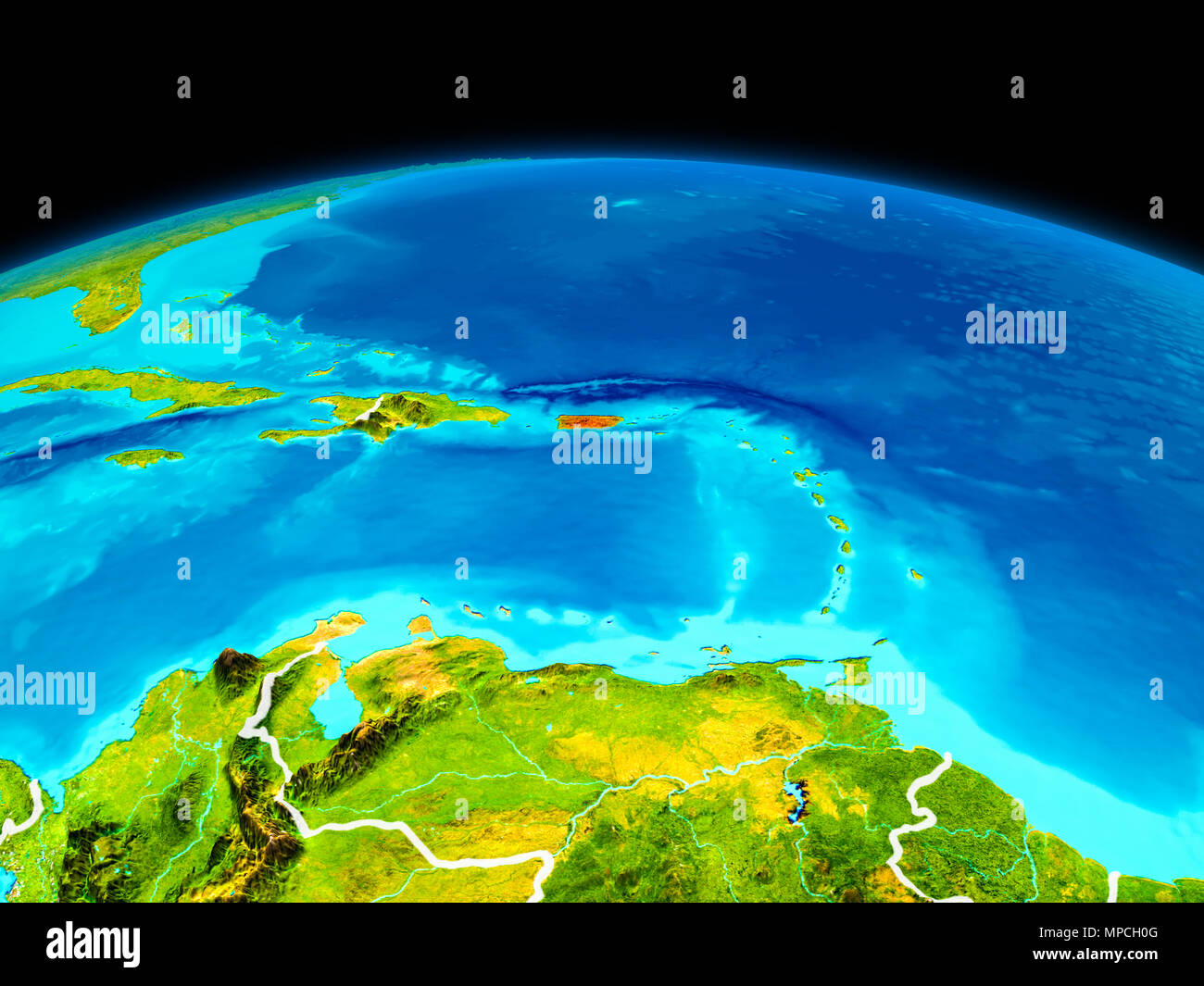 Satellite view of Puerto Rico highlighted in red on planet Earth with ...
