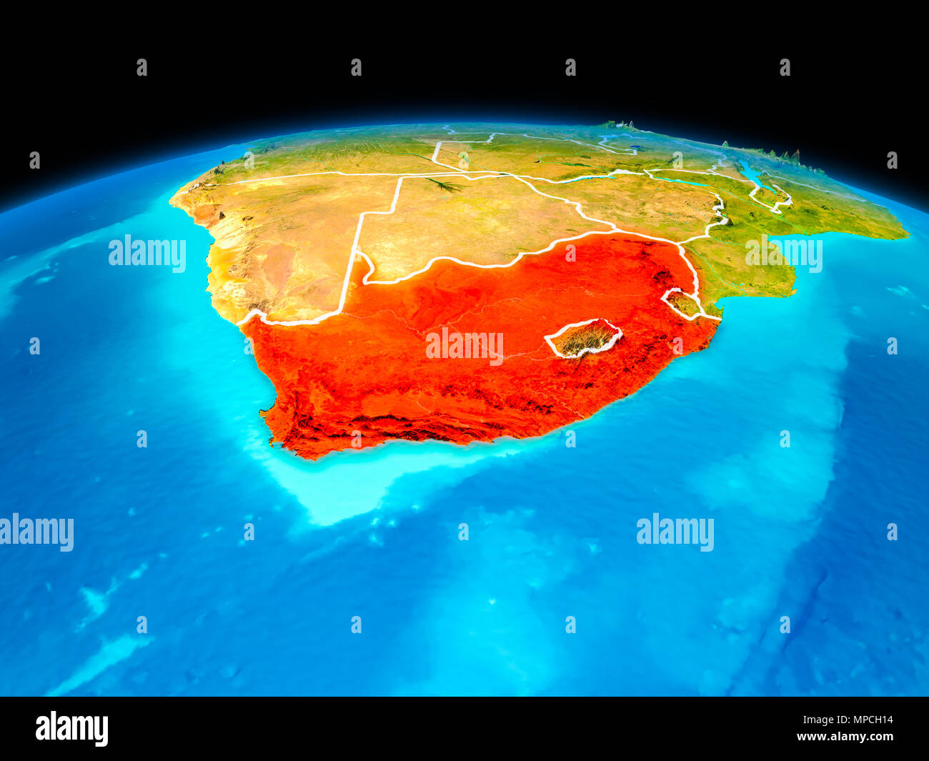 Satellite view of South Africa highlighted in red on planet Earth with borderlines. 3D ...