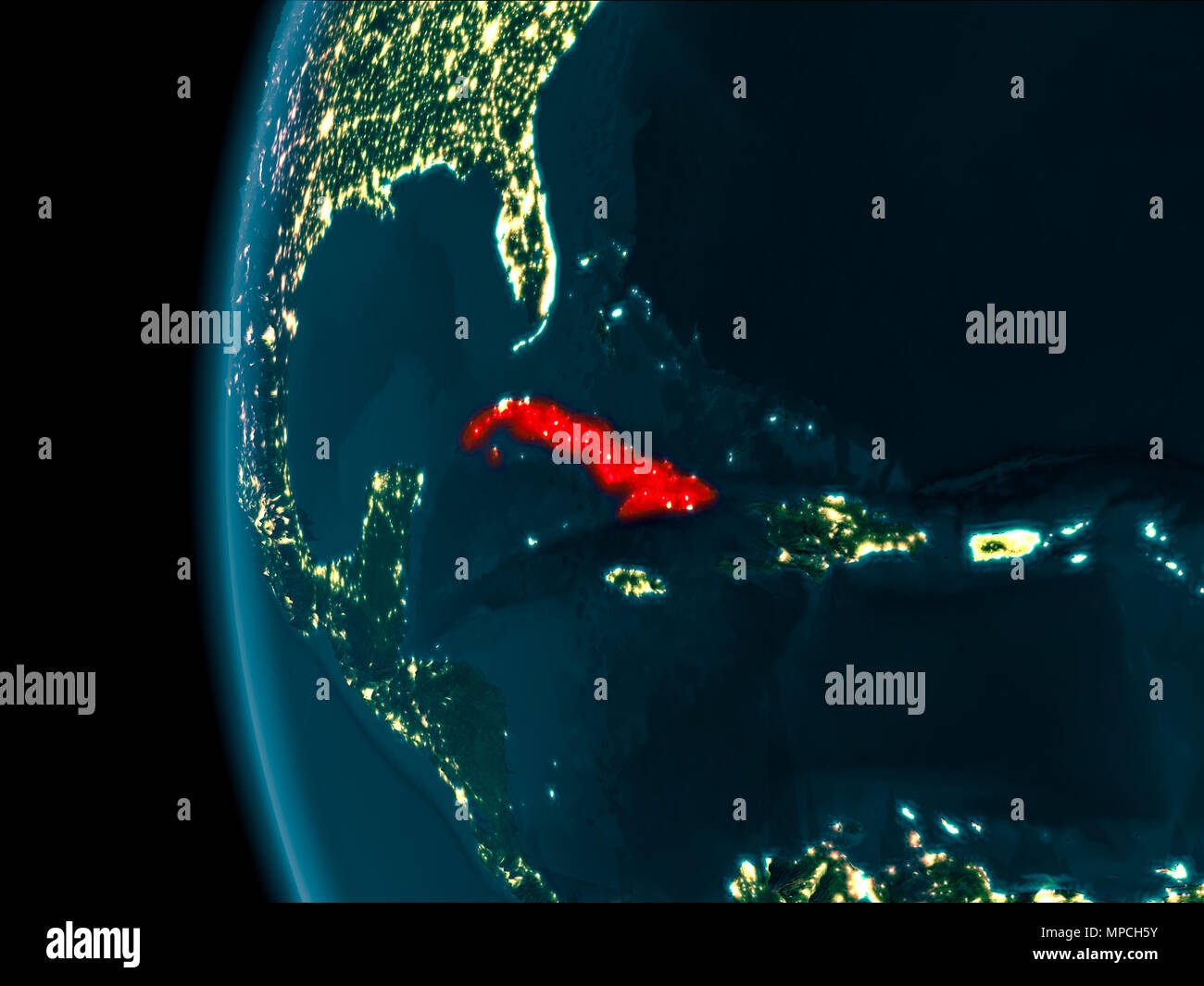 Cuba from orbit of planet Earth at night with highly detailed surface ...