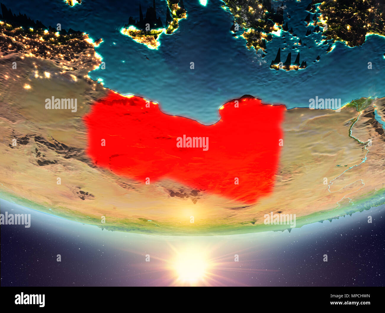 Libya during sunrise highlighted in red on planet Earth with clouds. 3D ...