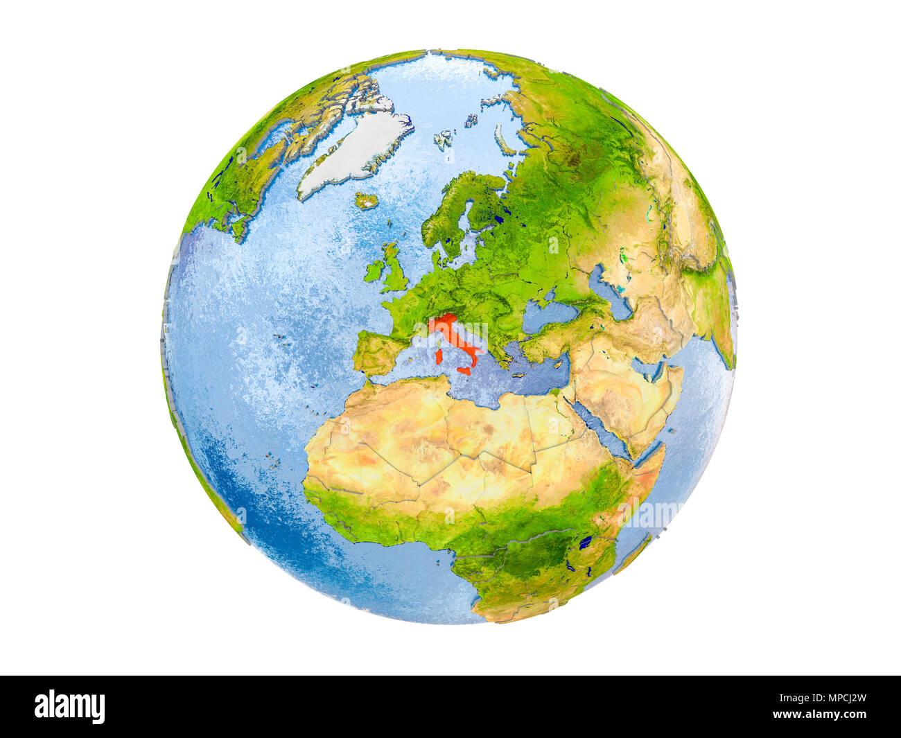Italy highlighted in red on model of Earth. 3D illustration isolated on ...